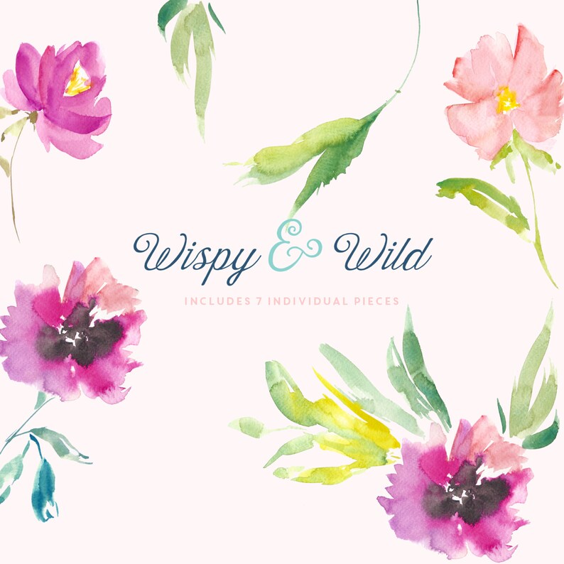 Wispy & Wild Watercolour Flower Hand-painted Clip Art Pink | Etsy