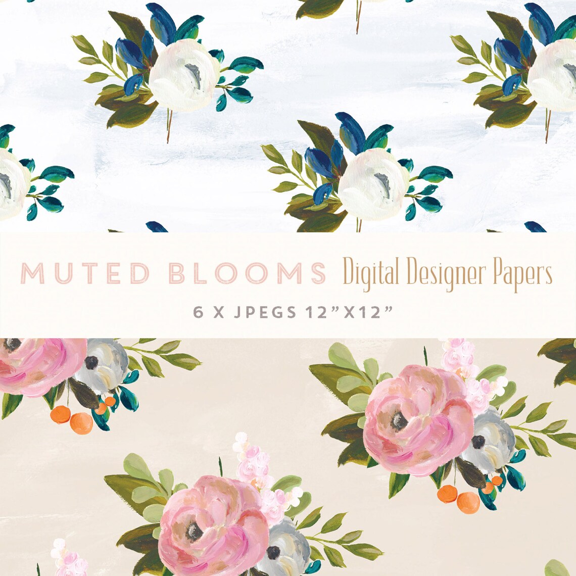 Muted Blooms Digital Patterned Papers | 12" X 12" Printable ...
