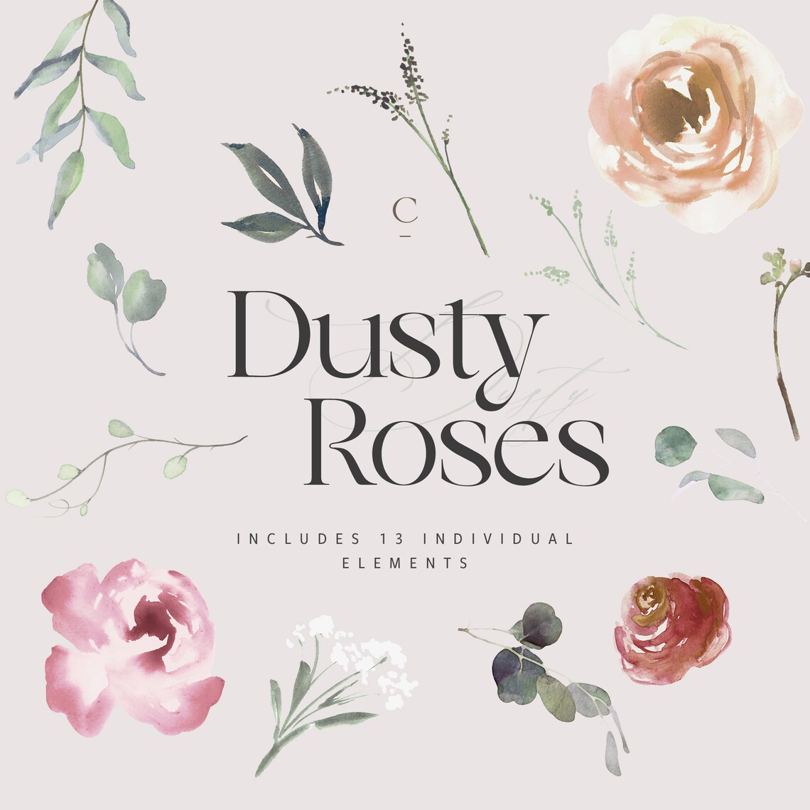 Dusty Roses Floral Clip Art Set, Dusty Floral Watercolor Wedding ...