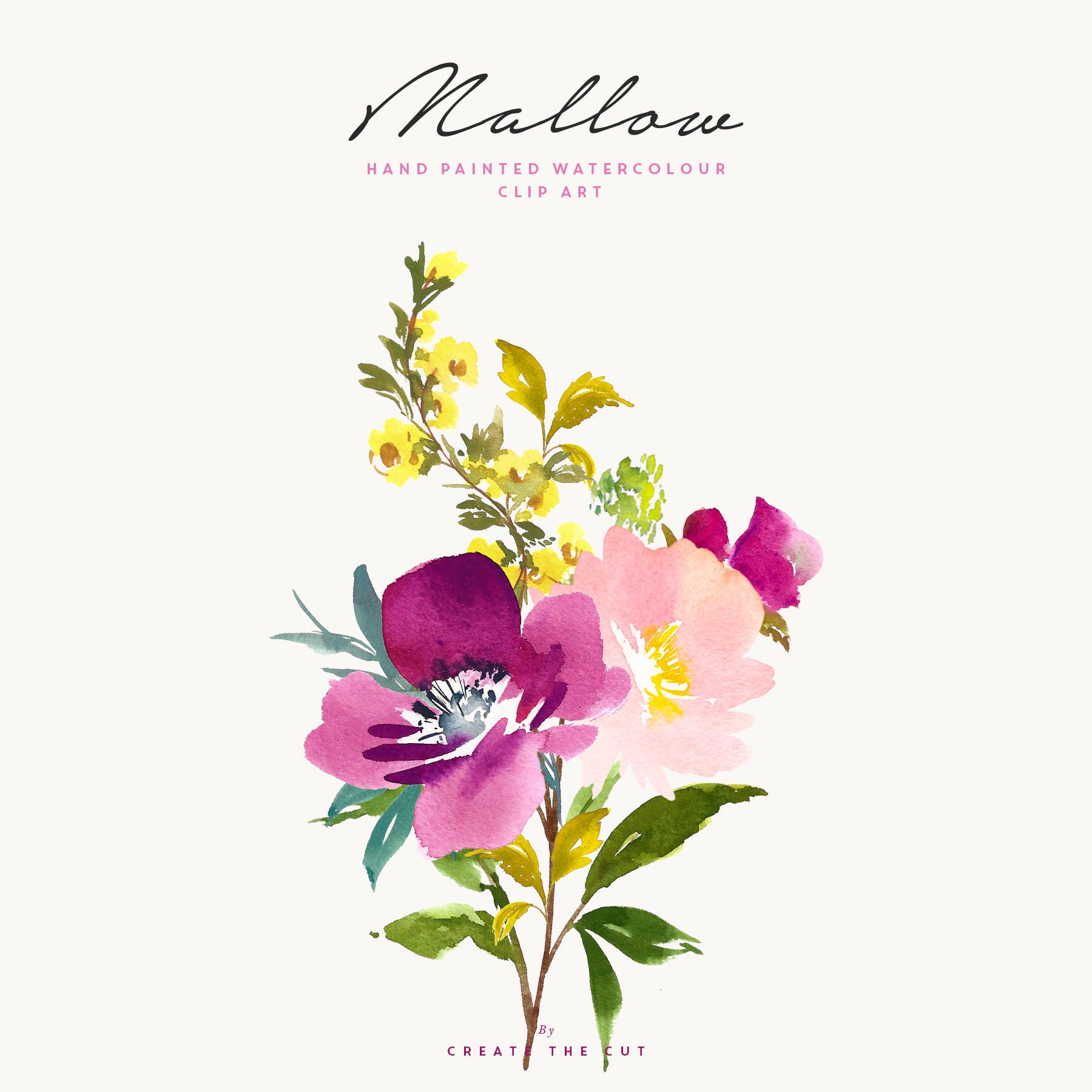 Mallow | Hand-painted Watercolour Rose Clip Art | Rose Mallows in Pink ...