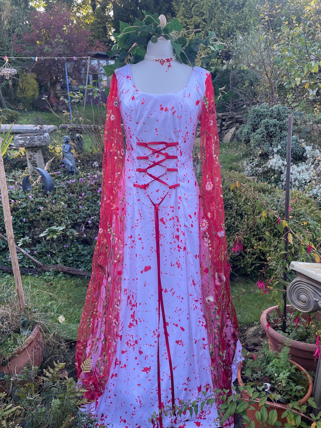 White & Red Gothic Samhain Halloween Ball Gown Meadow Boho Renaissance ...