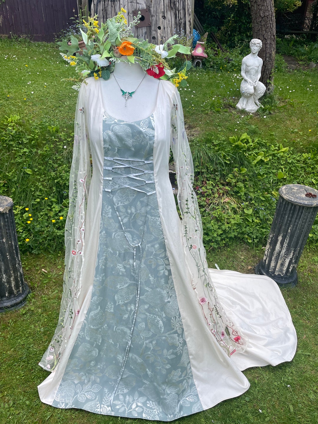 Elfcore Pale Champagne Ivory & Green Duchess Satin Bride Fairycore ...