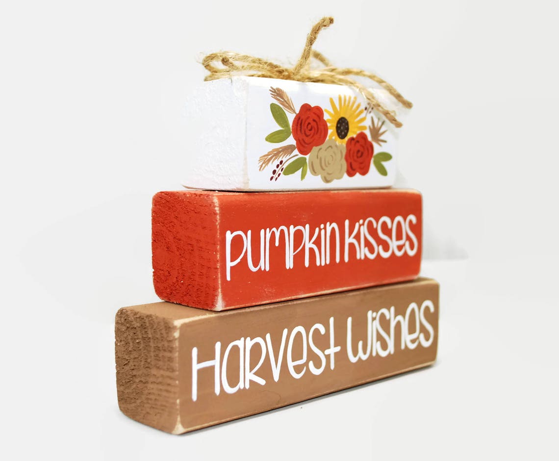 Fall Autumn Pumpkin Kisses Harvest Wishes Woodenblock Shelf | Etsy