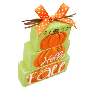 Hello Fall Pumpkins Woodenblock Shelf Sitter Stack Mantel Office ...