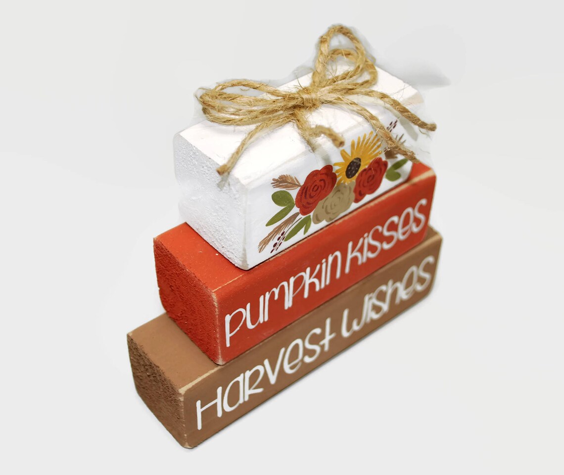 Fall Autumn Pumpkin Kisses Harvest Wishes Woodenblock Shelf | Etsy