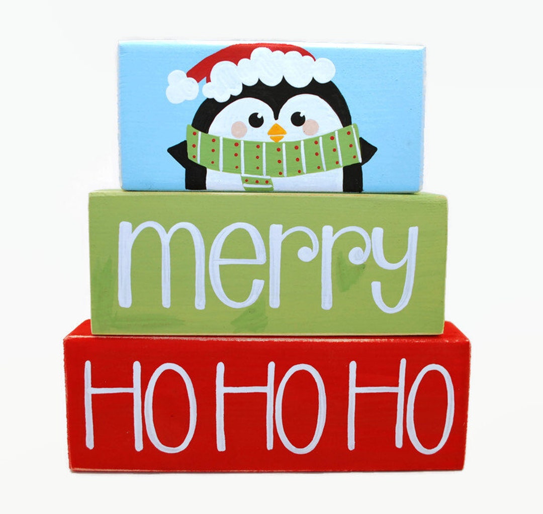 Penguin Christmas Wooden Block Stack: Holiday Shelf Sitter - Etsy