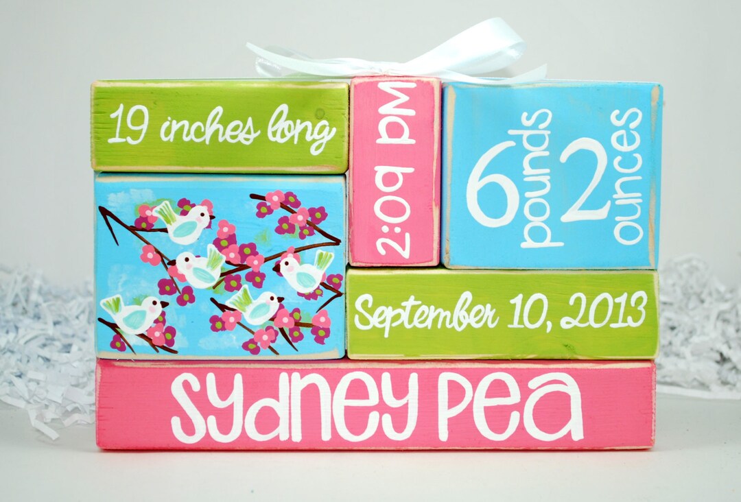 Cherry Blossom Bird Nursery Custom Baby Birth Stats Woodenblock Shelf ...