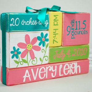 Personalized Baby Birth Stats Pink Flowers Nursery Woodenblock Shelf ...