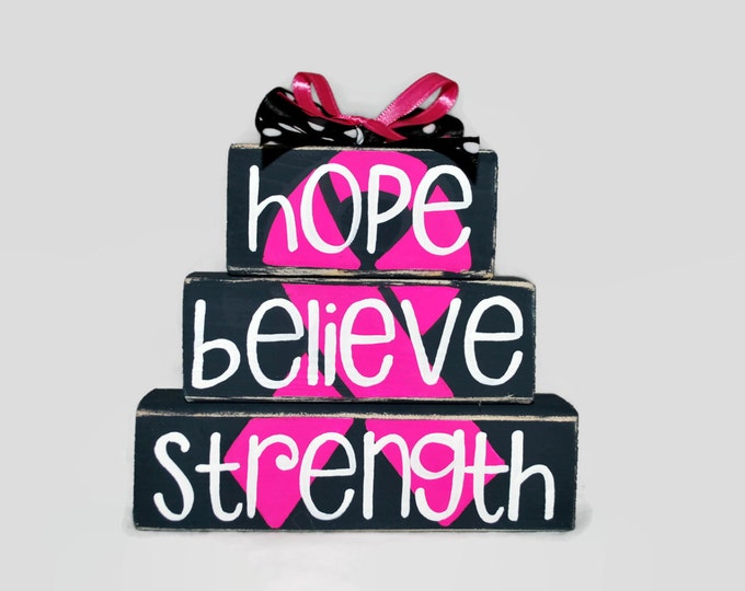 Breast Cancer Support Pink Ribbon Hope Strength Courage Woodenblock ...