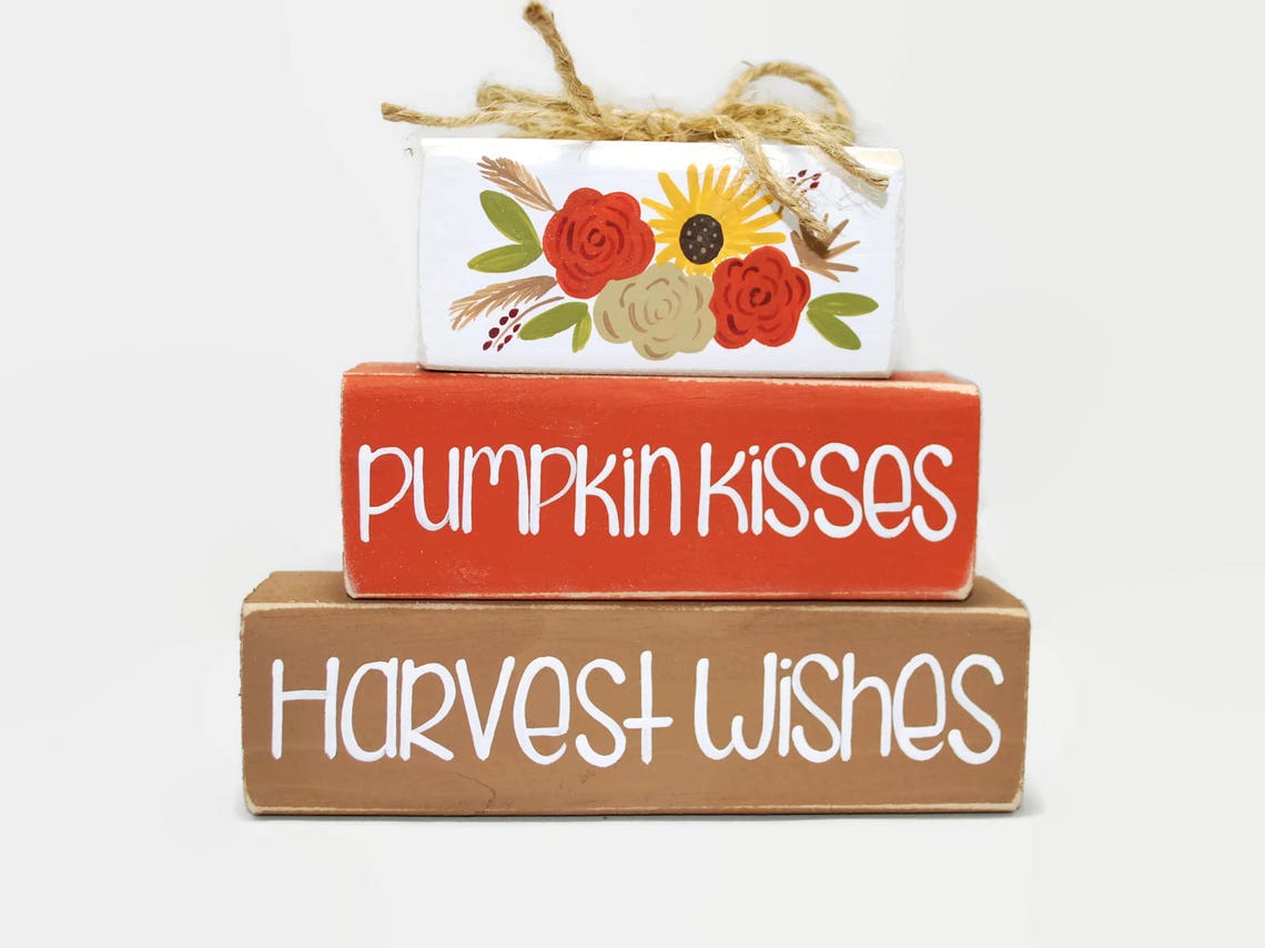 Fall Autumn Pumpkin Kisses Harvest Wishes Woodenblock Shelf | Etsy
