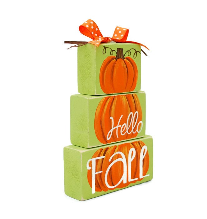 Hello Fall Pumpkins Woodenblock Shelf Sitter Stack | Etsy
