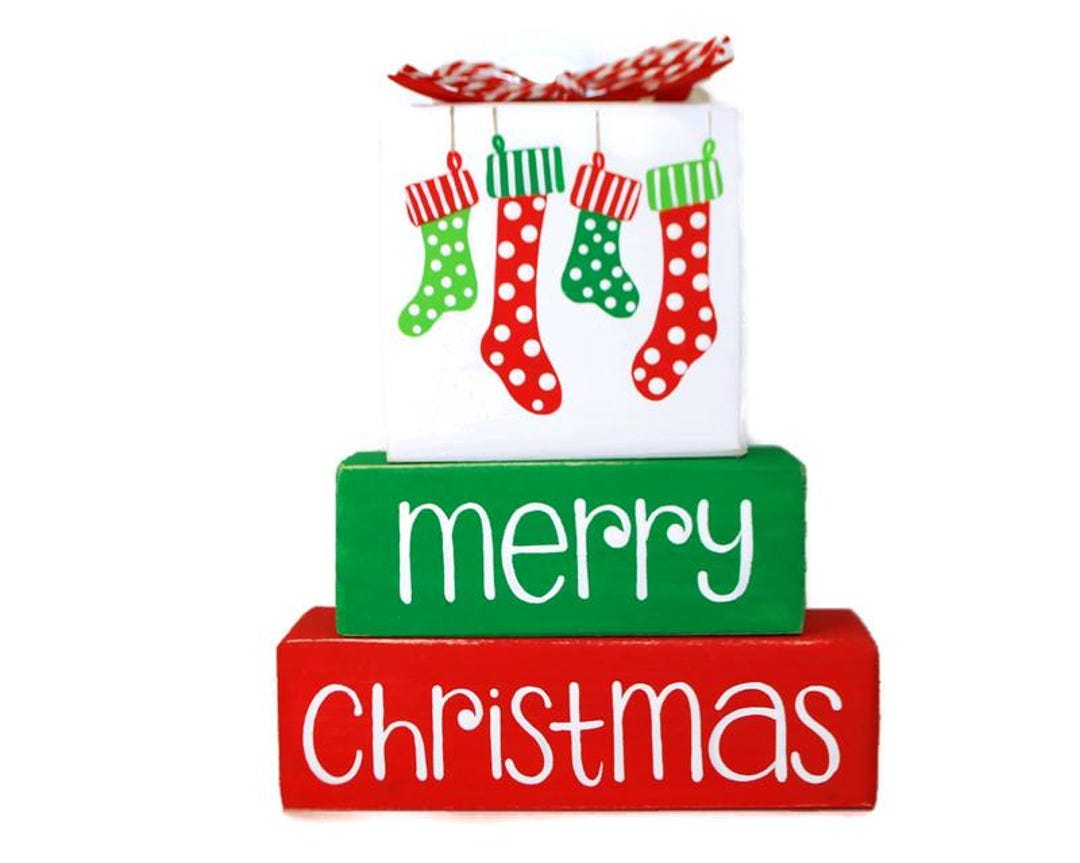 Merry Christmas Stockings Wooden Block Stack: Holiday Shelf Decor - Etsy