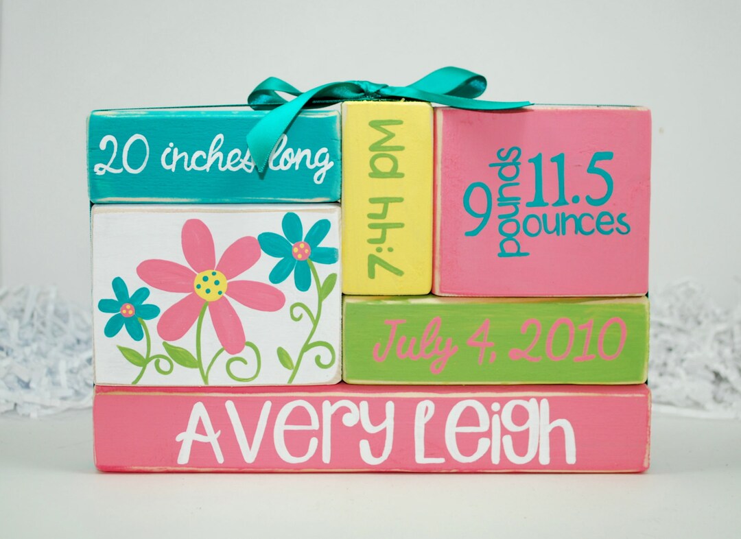 Personalized Baby Birth Stats Pink Flowers Nursery Woodenblock Shelf ...
