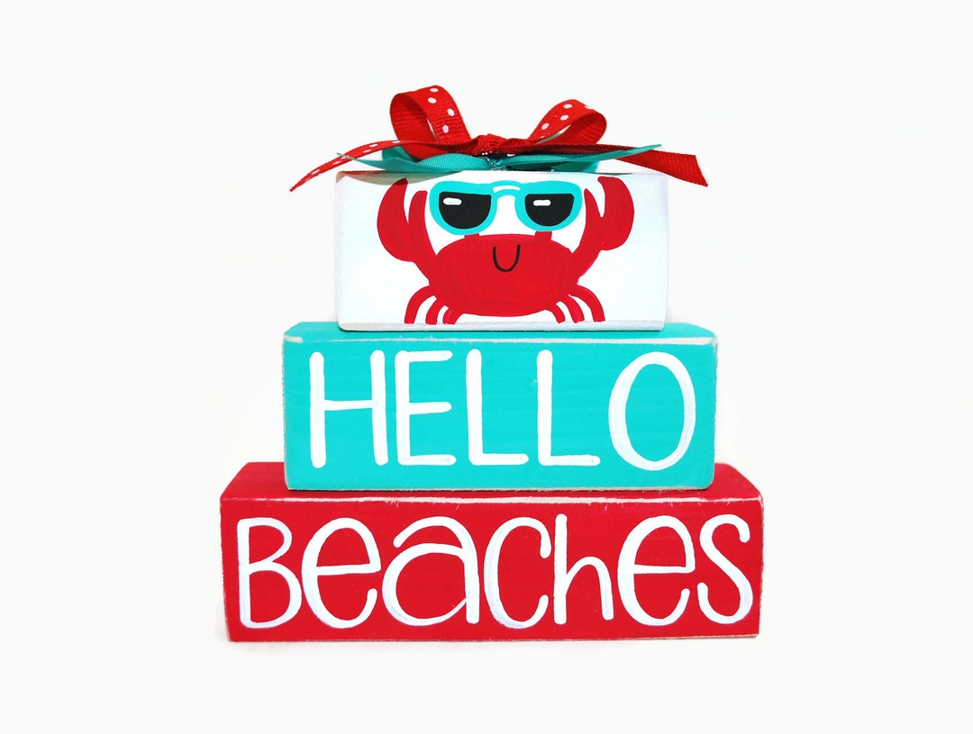 Crab Hello Beaches Summer Woodenblock Shelf Sitter Stack Desktop Decor ...