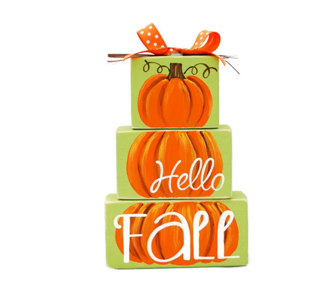 Hello Fall Pumpkins Woodenblock Shelf Sitter Stack Mantel Office ...