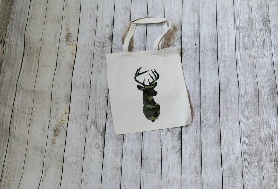 Camo Male Deer Bust 100 Percent Canvas Shopping Tote 14 1/2" X 15 1/2 ...