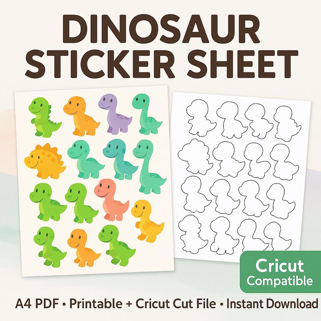 Printable Dinosaurs Sticker Sheet A4 PDF, Cute Dino Stickers for Cricut ...