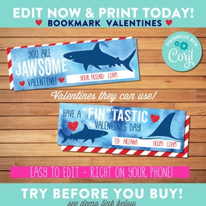 Shark Valentine Bookmarks - Editable - INSTANT DOWNLOAD - Jaws Kids ...
