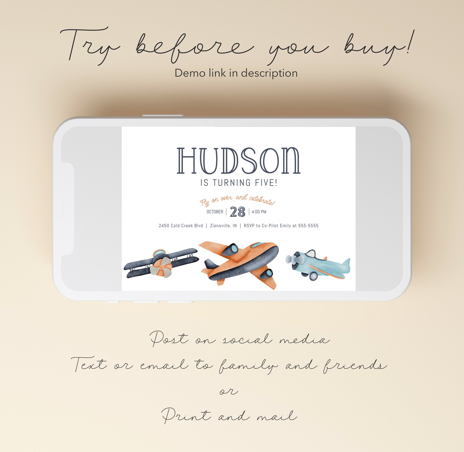 Airplane Birthday Invitation - Vintage, Retro, Fly on Over, Editable ...
