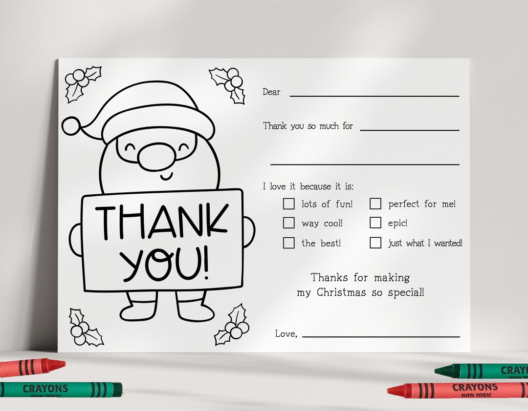 Easy Christmas Kids Thank You Card - Coloring - Printable - Fillable ...