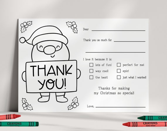 Easy Christmas Kids Thank You Card - Coloring - Printable - Fillable ...