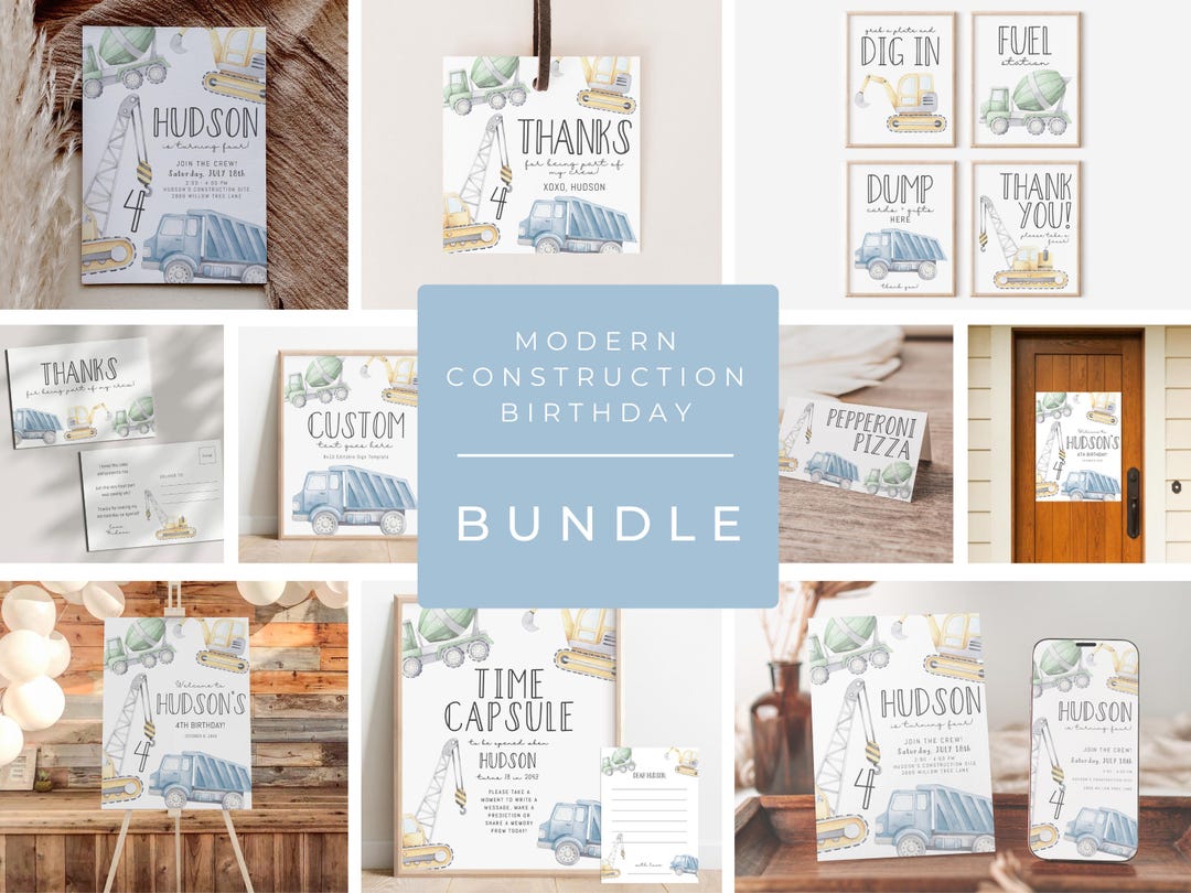 Construction Birthday Party Invitation BUNDLE, Blue Green Modern ...