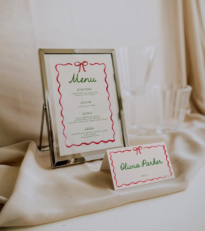 Editable Christmas Menu and Drink List, Whimsical Red Ribbon Bow ...