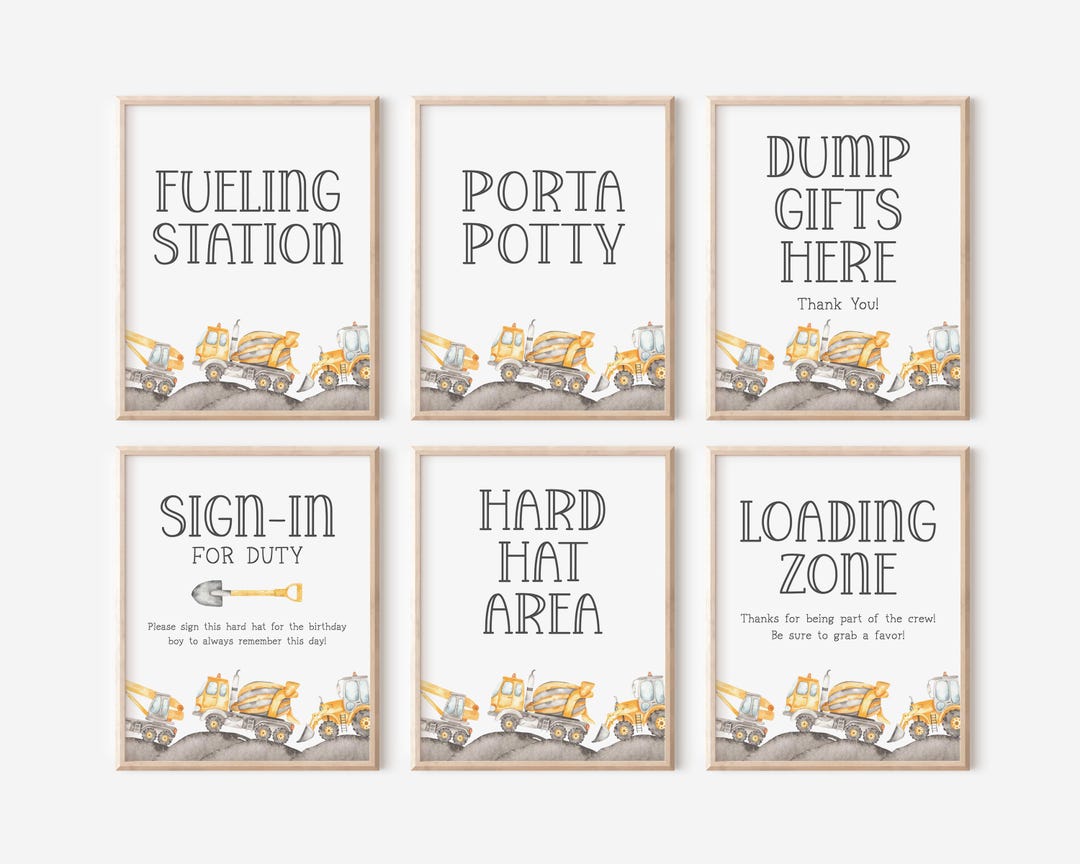 Construction Party Signs - Set of 6 - Favor Table Sign, Food Table Sign ...
