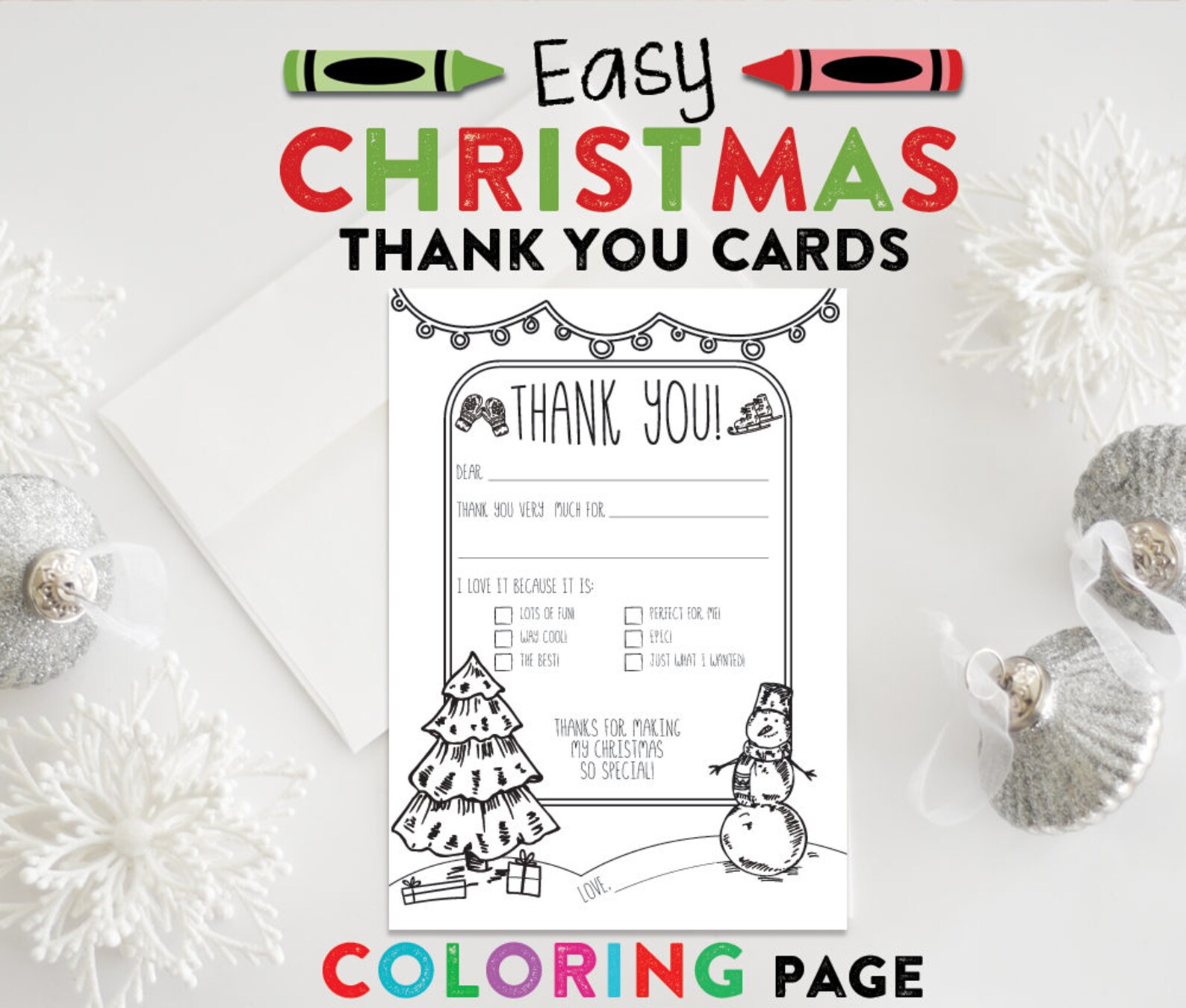 Kids Christmas Thank You Post Card Coloring Page PRINTABLE - Etsy