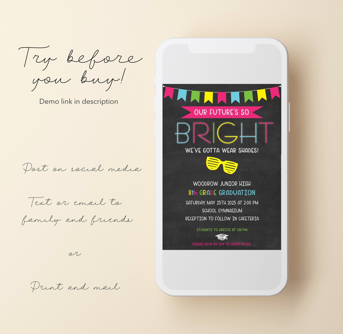 Neon Middle School Graduation Invitation - Glow in the Dark - Future is ...