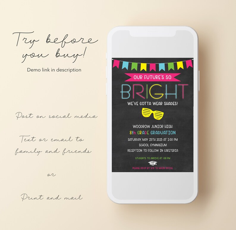 Neon Middle School Graduation Invitation Digital File Glow - Etsy
