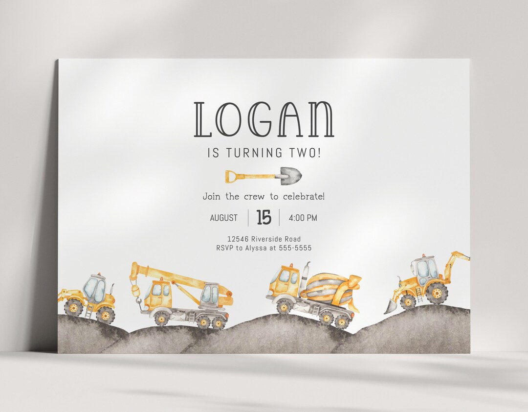 Construction Birthday Party Invitation Excavator Dump Truck ...