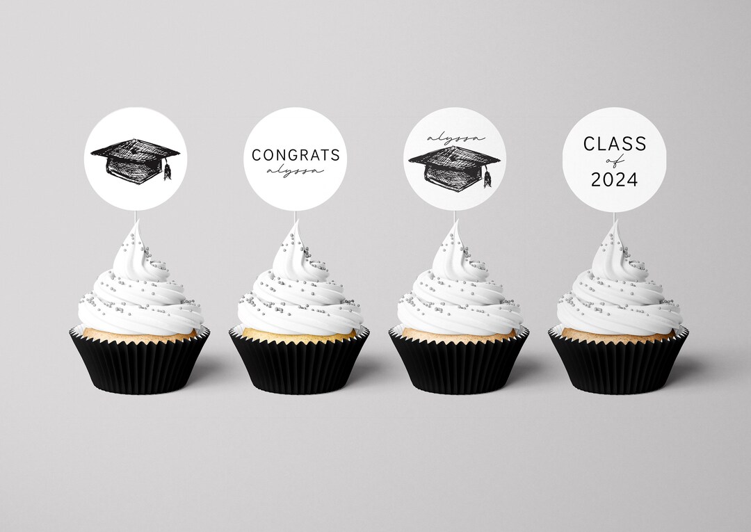 Graduation Cupcake Toppers, Class of 2024, Printable, Stickers, Black ...