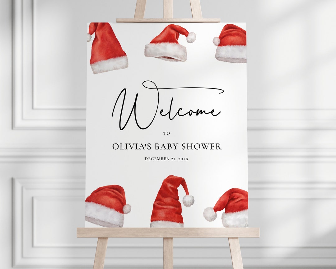 Santa Baby Shower Sign, Christmas Baby Shower Welcome Sign, Santa Hats ...
