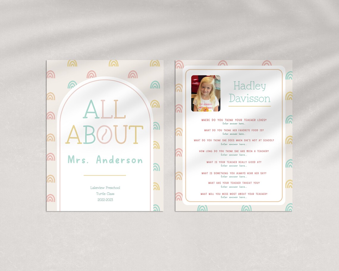 End of Year Preschool Teacher Gift - All About My Teacher Questionnaire ...