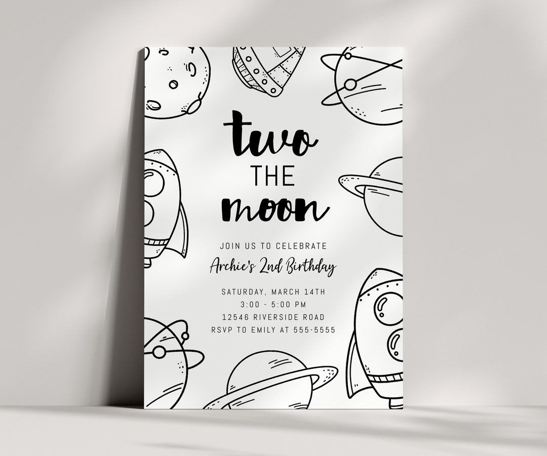Two the Moon Invitation - 2nd Birthday Party - Outer Space - Rocket ...