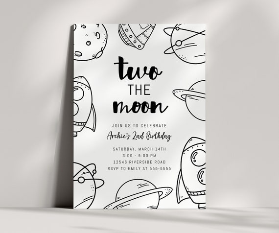 Two the Moon Invitation - 2nd Birthday Party - Outer Space - Rocket ...