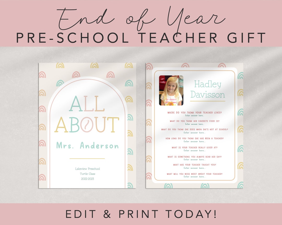 End of Year Preschool Teacher Gift - All About My Teacher Questionnaire ...