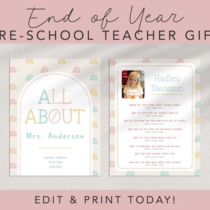 End of Year Preschool Teacher Gift - All About My Teacher Questionnaire ...