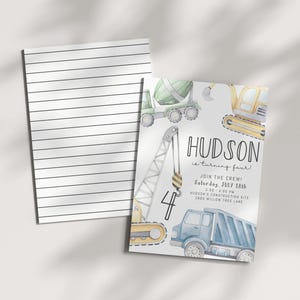 Modern Construction Birthday Party Invitation - Muted Blue, Green ...