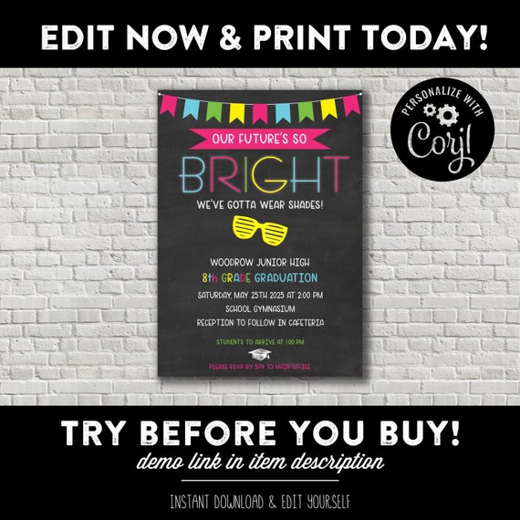Neon Middle School Graduation Invitation Digital File Glow | Etsy