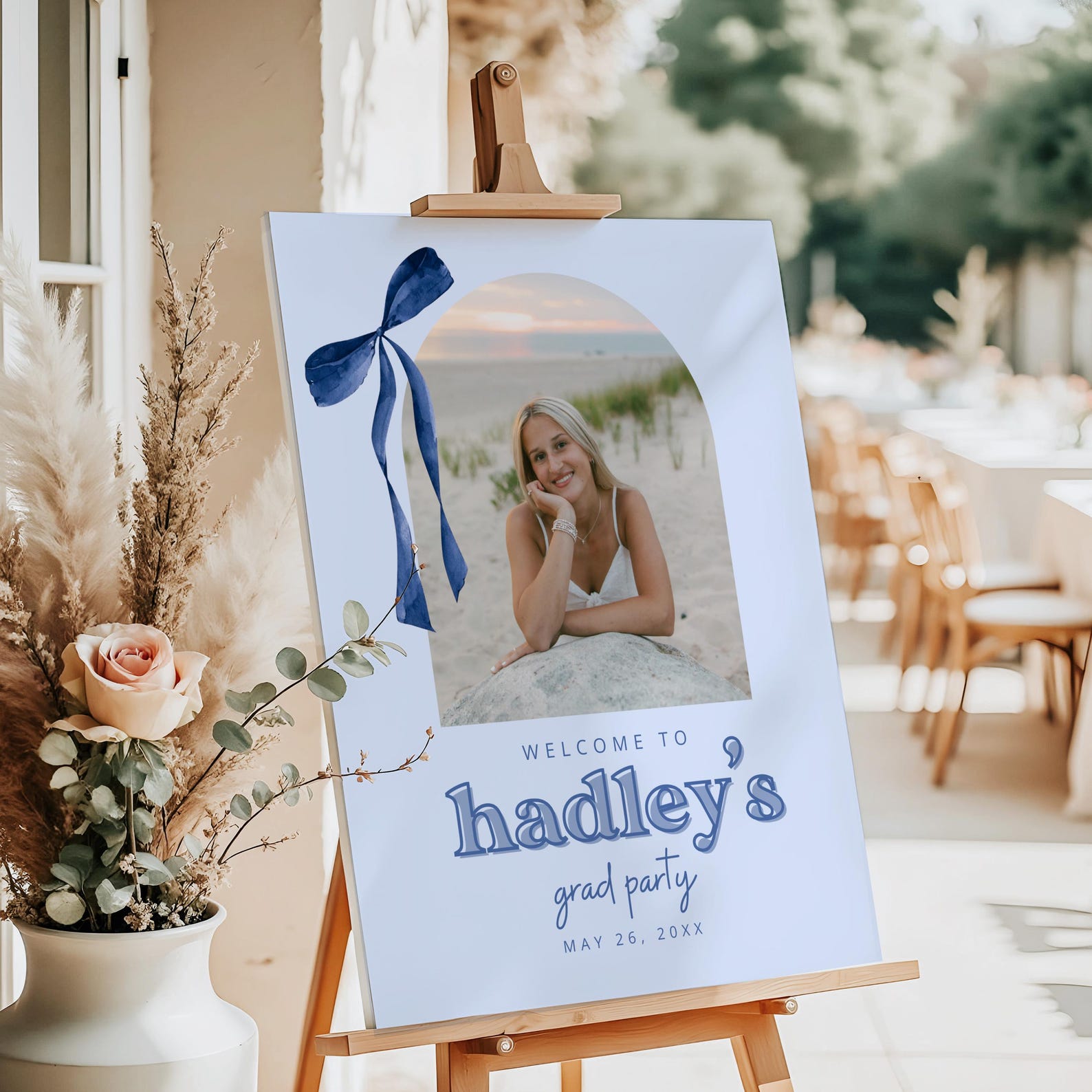 Navy Blue Bow Graduation Welcome Sign, Canva Template, Editable Grad ...