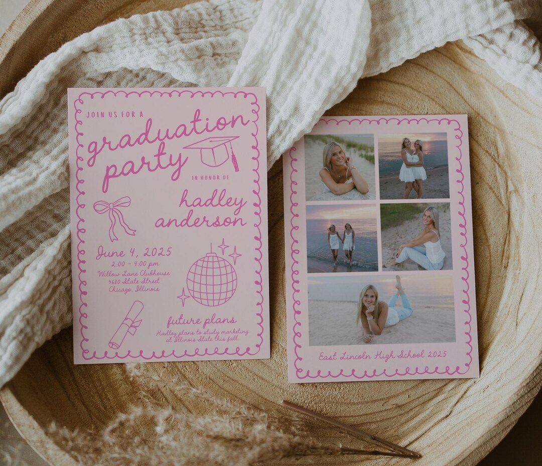 Pink Doodles Graduation Invitation, Hand Drawn Style Grad Invite, Canva ...