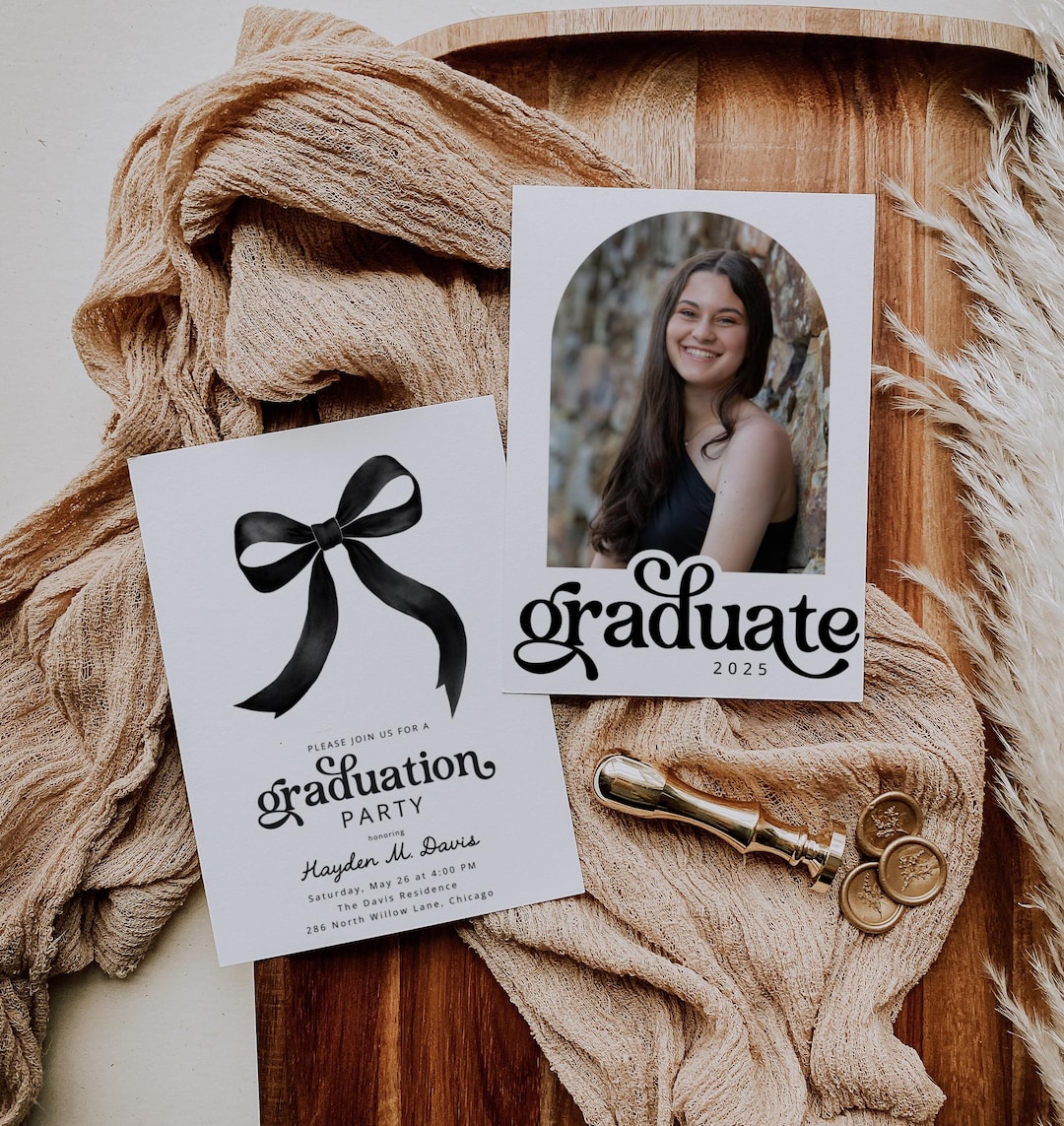 Black Bow Graduation Invitation, Canva Template, Editable Girl Grad ...