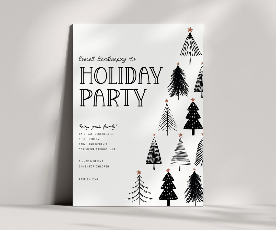 Editable Holiday Party Invitation - Minimalist Black White Trees ...