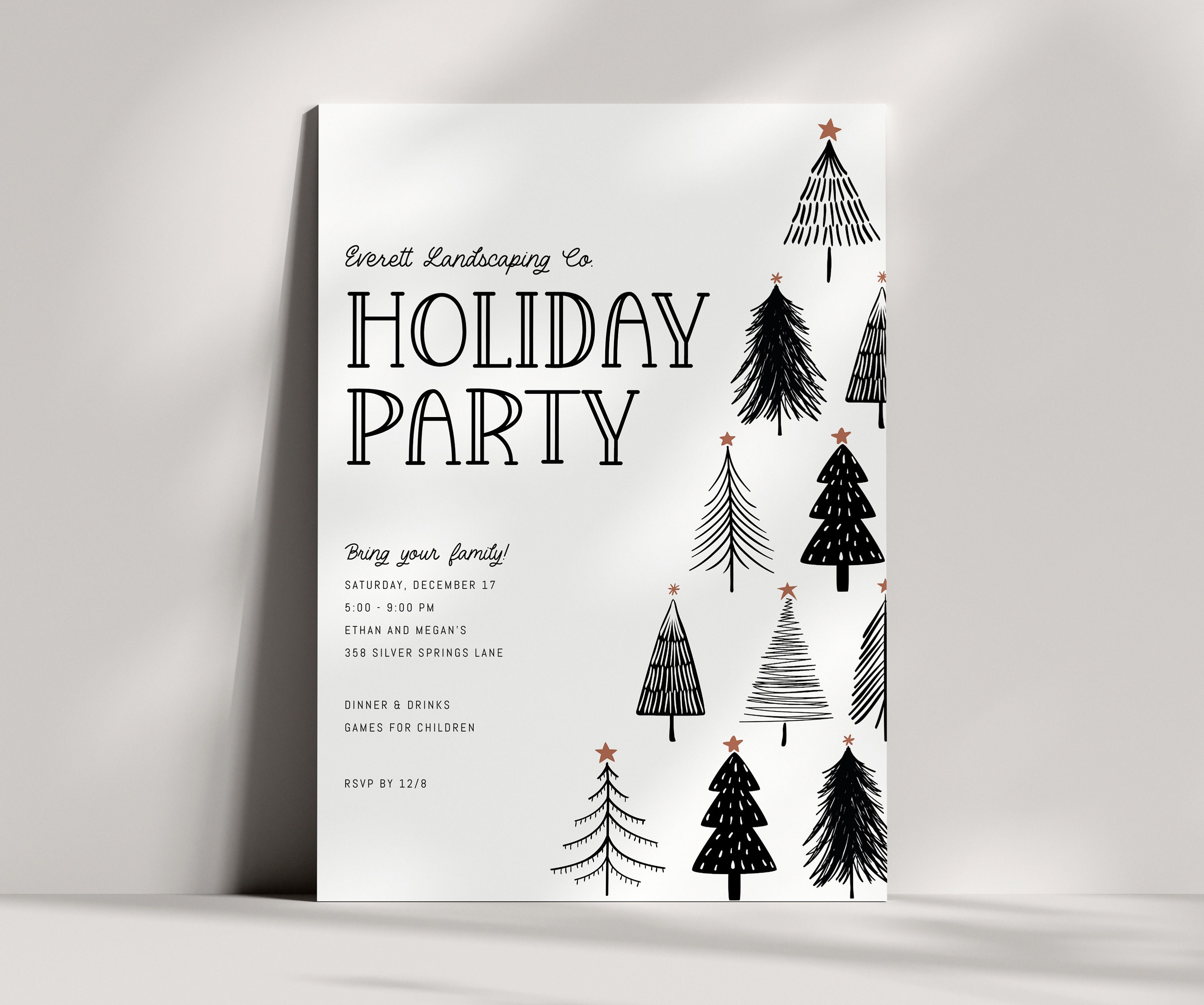 Editable Holiday Party Invitation - Minimalist Black White Trees ...