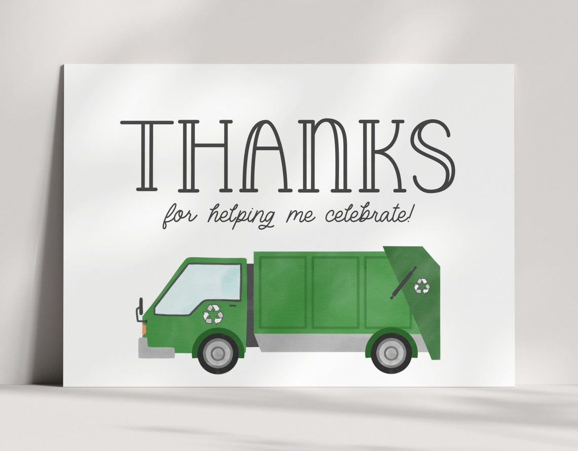 Editable Garbage Truck Party Thank You Postcard - Trash Truck ...