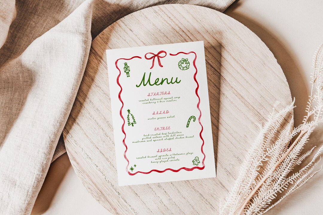 Editable Christmas Party Menu, Whimsical Retro Bow Holiday Bar Drink ...