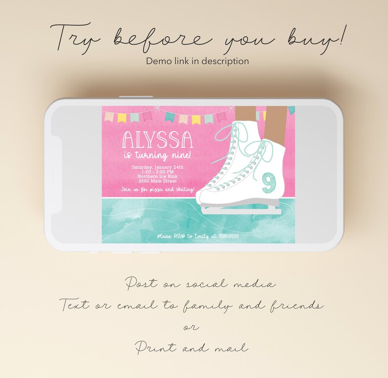Ice Skating Party Invitation - Birthday Invite - Watercolor - Pink ...