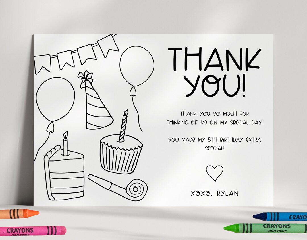 Editable Kids Birthday Thank You Card - Coloring - Personalized - DIY ...